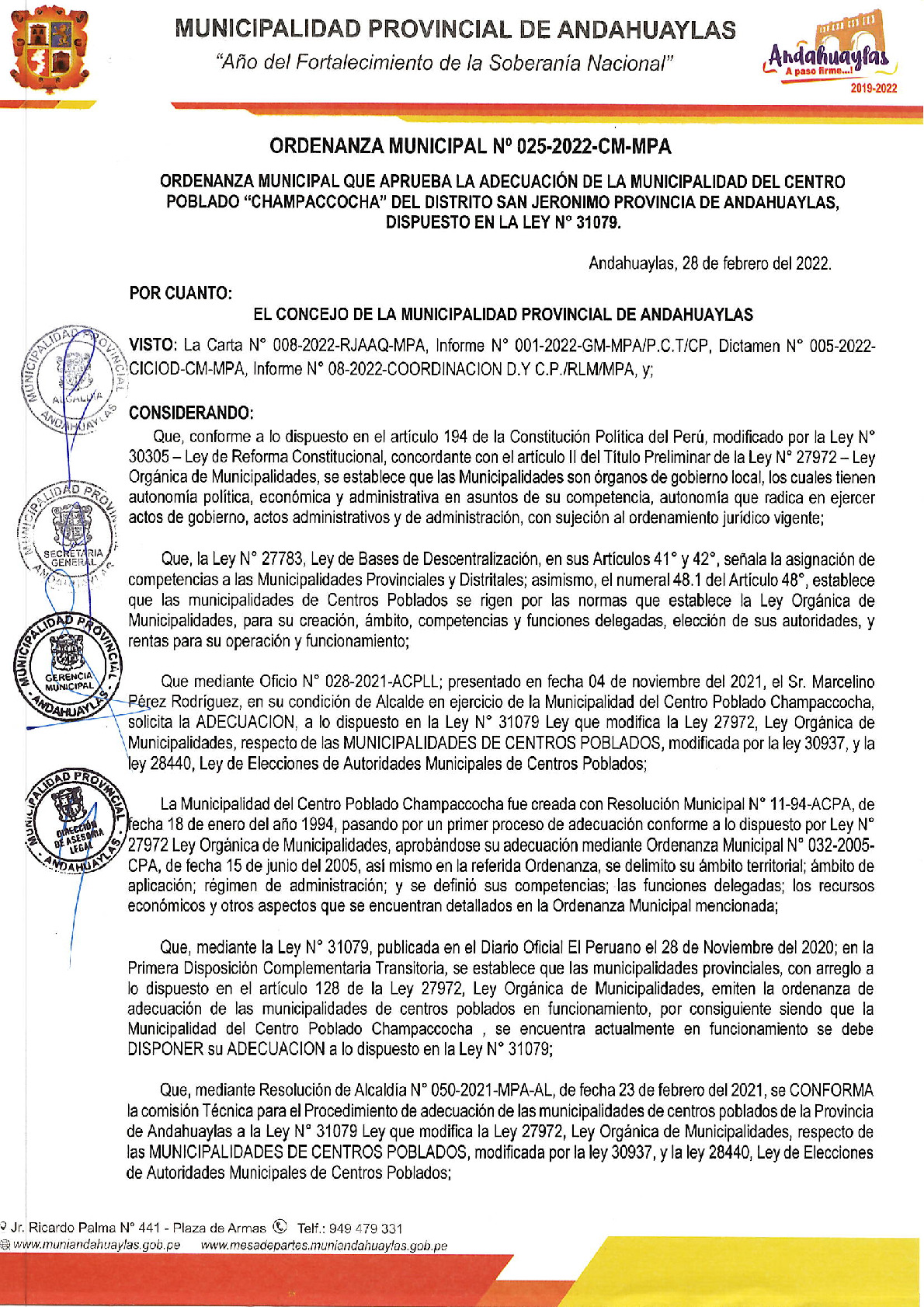 ADECUACION de la MUNICIPALIDAD DEL CENTRO POBLADO CCERABAMBA ...